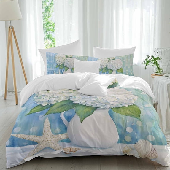 4 Piece Duvet Cover Set Twin, Coastal White Hydrangea Soft Breathable ...