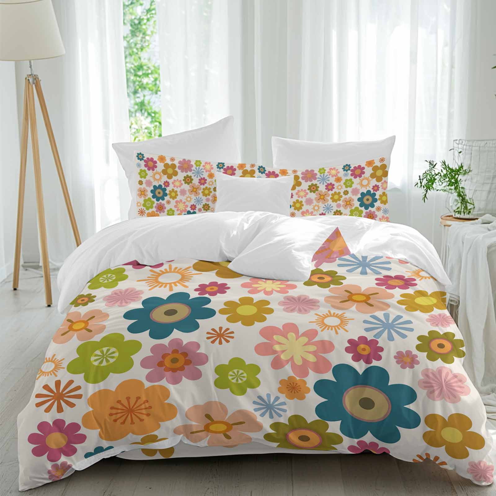 4 Piece Duvet Cover Set Twin, Colorful Flower Boho Style Soft ...