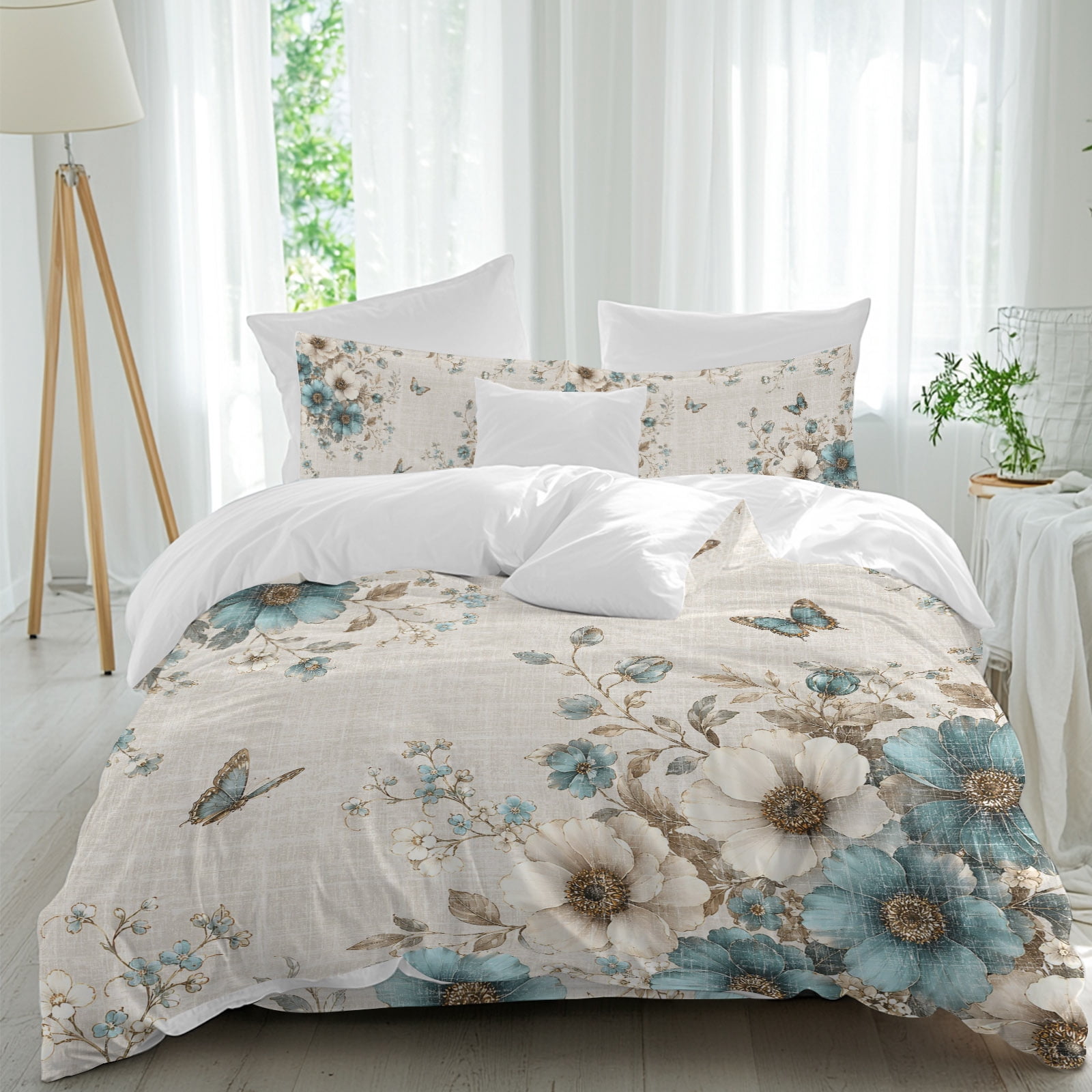 4 Piece Duvet Cover Set Twin, Country Blue White Floral Soft Breathable ...