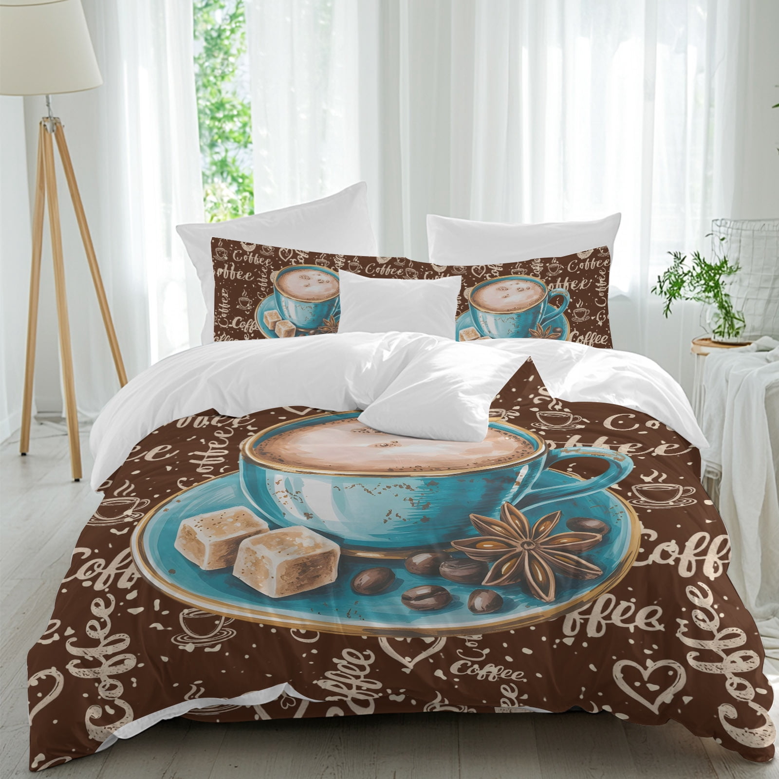 4 Piece Duvet Cover Set Twin, Country Coffee Sugar Blue Cup Soft ...