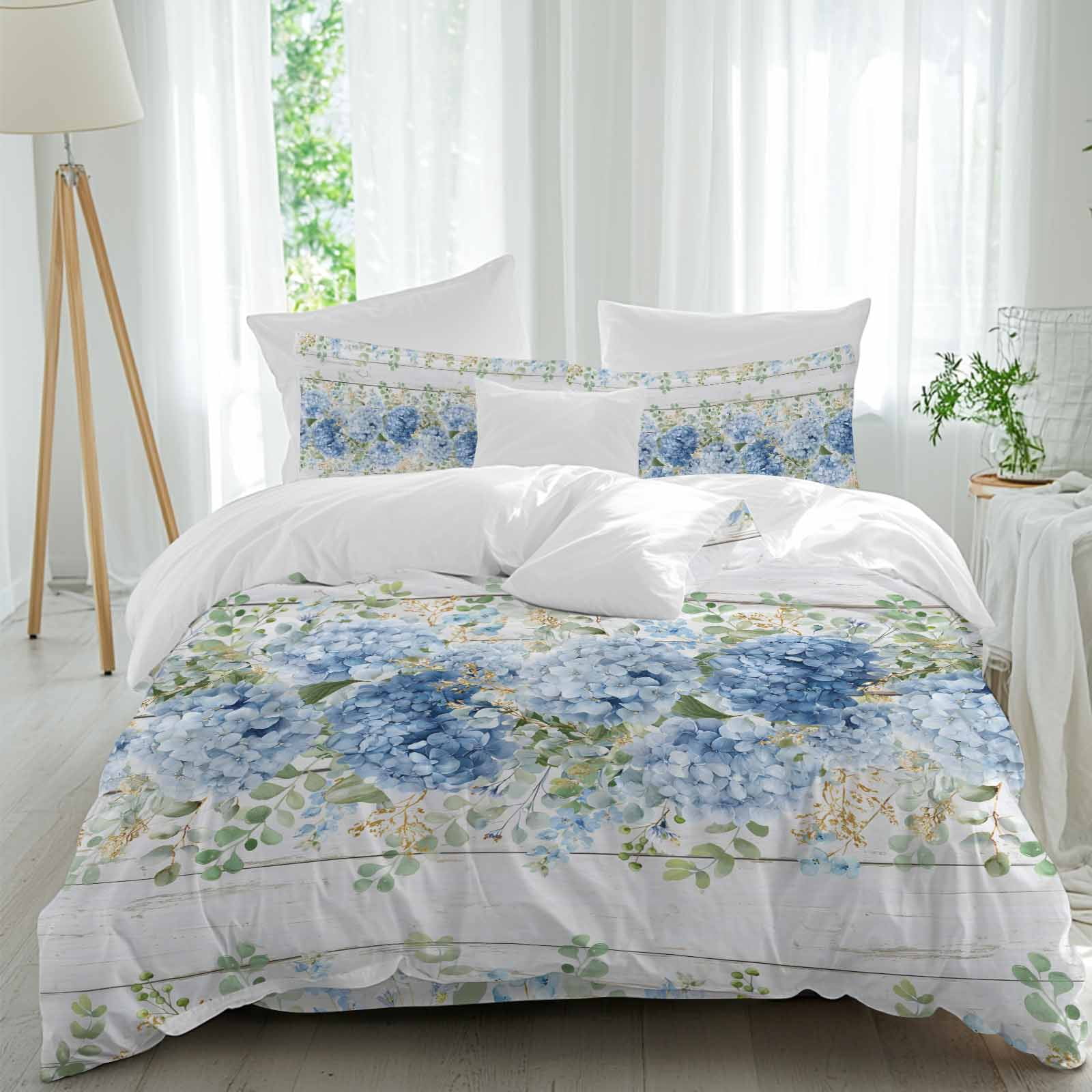 4 Piece Duvet Cover Set Twin, Country Hydrangea Flower Eucalyptus ...