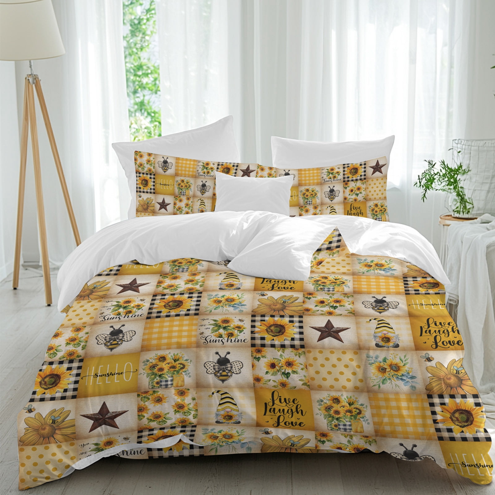 4 Piece Duvet Cover Set Twin, Country Star Bee Gnome Sunflower Soft ...