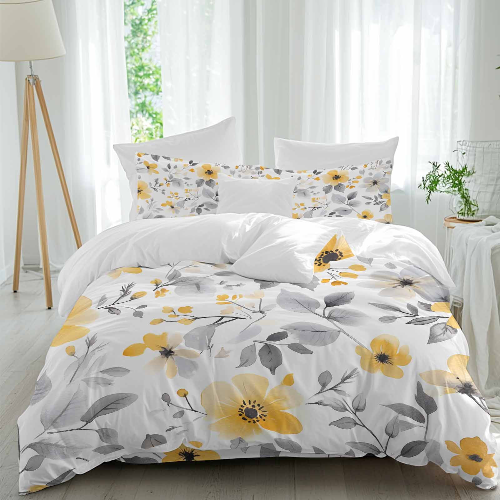 4 Piece Duvet Cover Set Twin, Country Style Yellow Flowers Soft ...