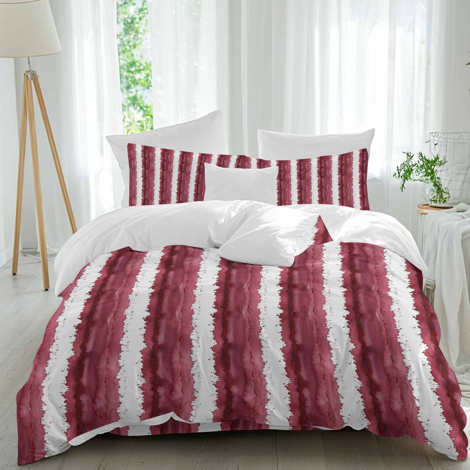 4 Piece Duvet Cover Set Twin, Dark Red White Abstract Stripe Soft ...