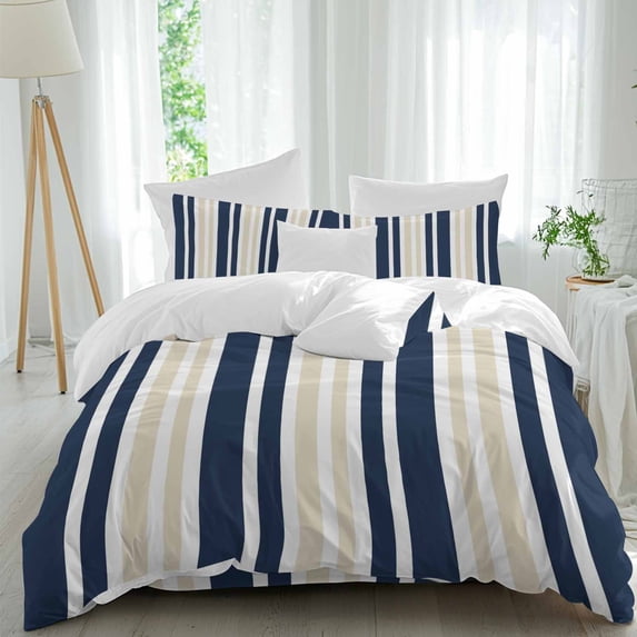 4 Piece Duvet Cover Set Twin, Deep Blue Khaki Stripe Soft Breathable ...
