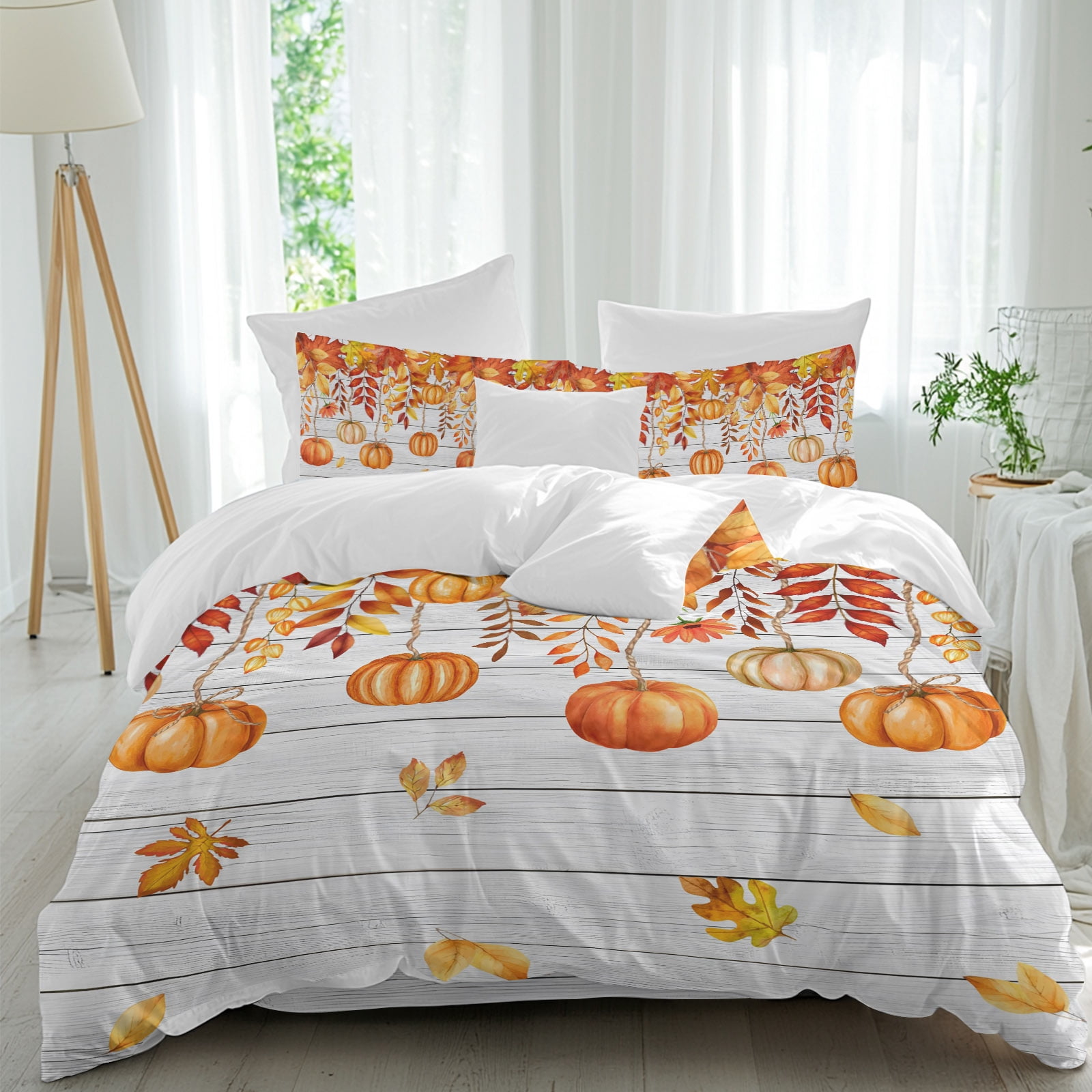 4 Piece Duvet Cover Set Twin, Fall Pumpkin Orange Maple Leaf Soft ...