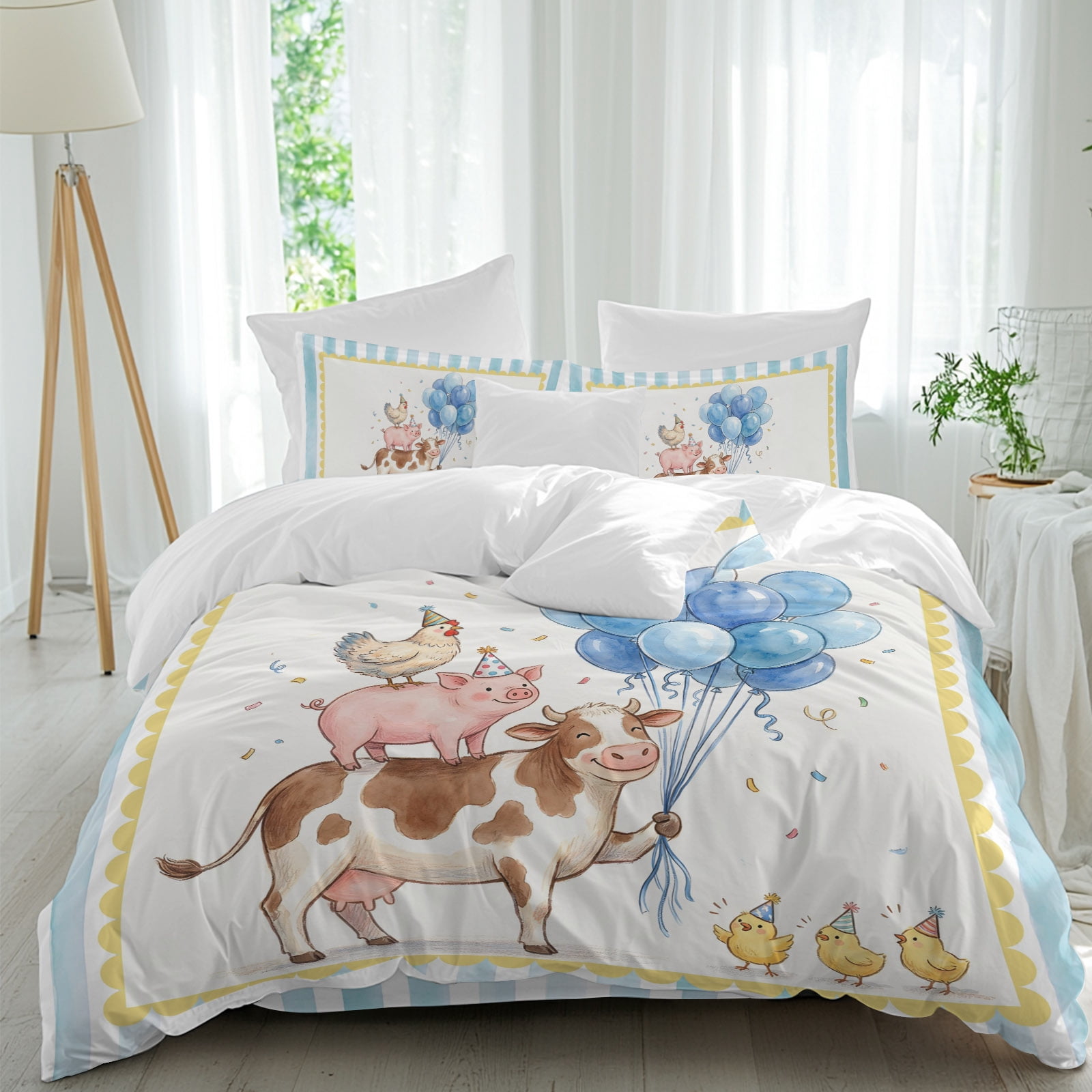 4 Piece Duvet Cover Set Twin, Farm Animals Cattle Pig Hen Soft ...