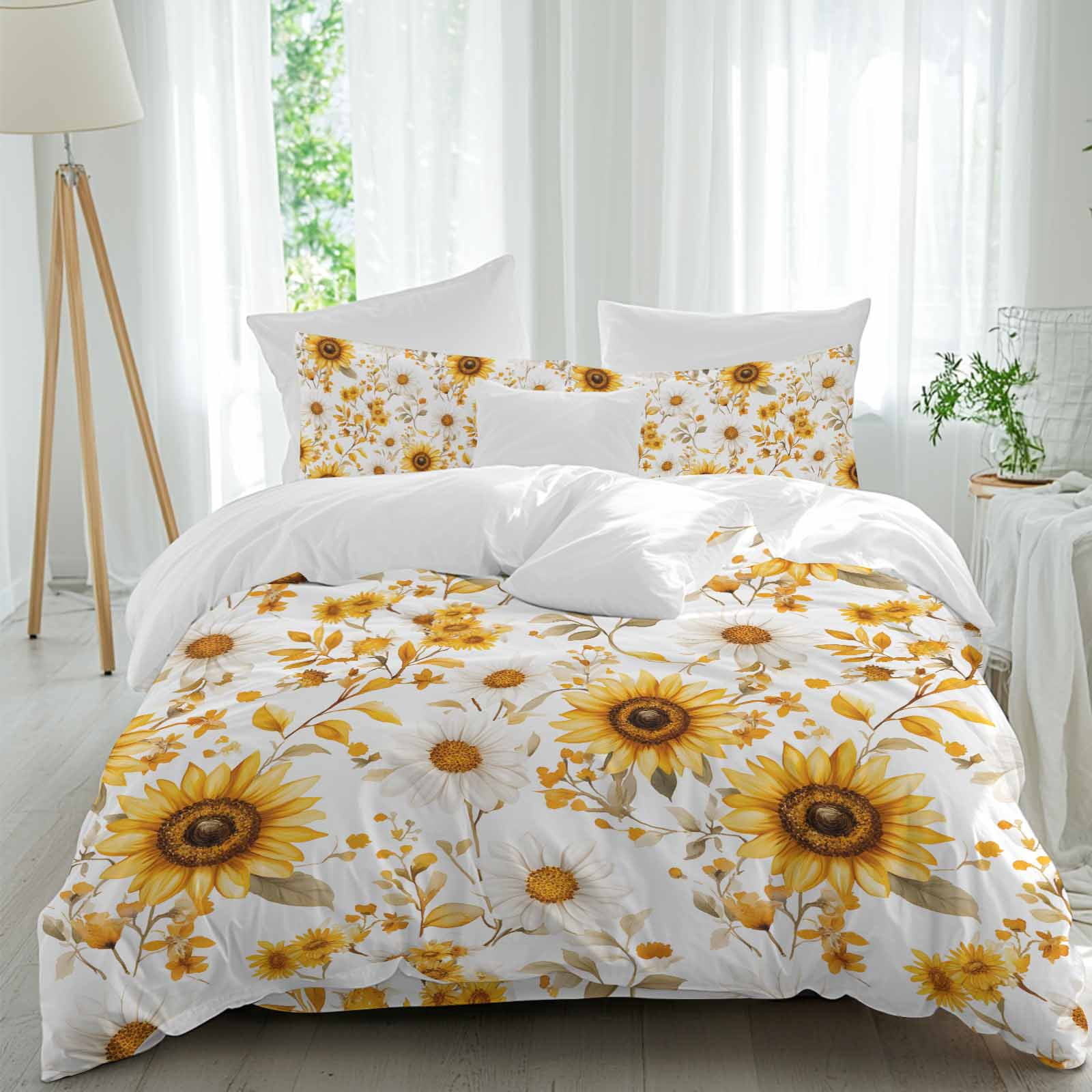 4 Piece Duvet Cover Set Twin, Farm Country Yellow White Sunflower ...