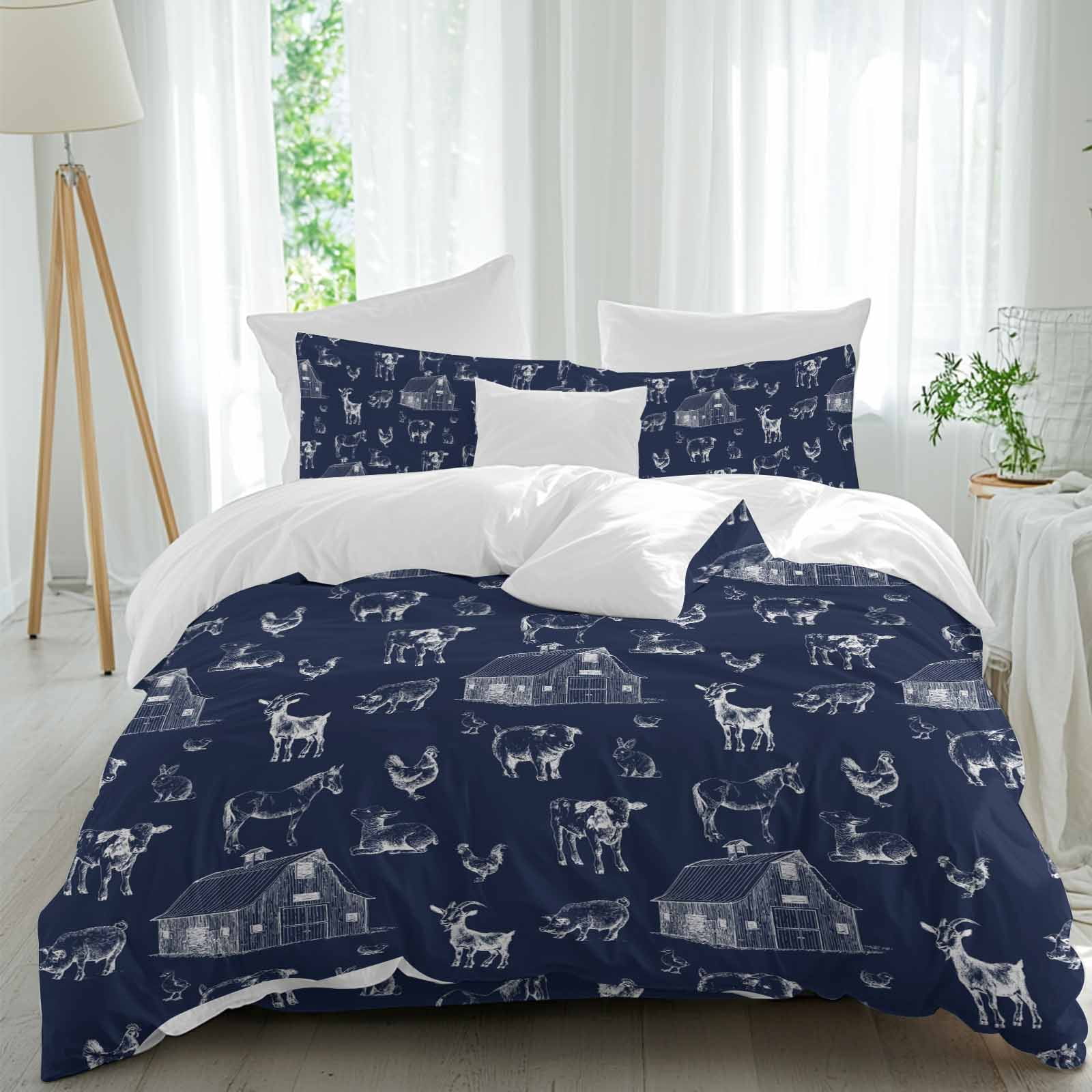 4 Piece Duvet Cover Set Twin, Farm Cow Chicken Navy Blue Soft ...