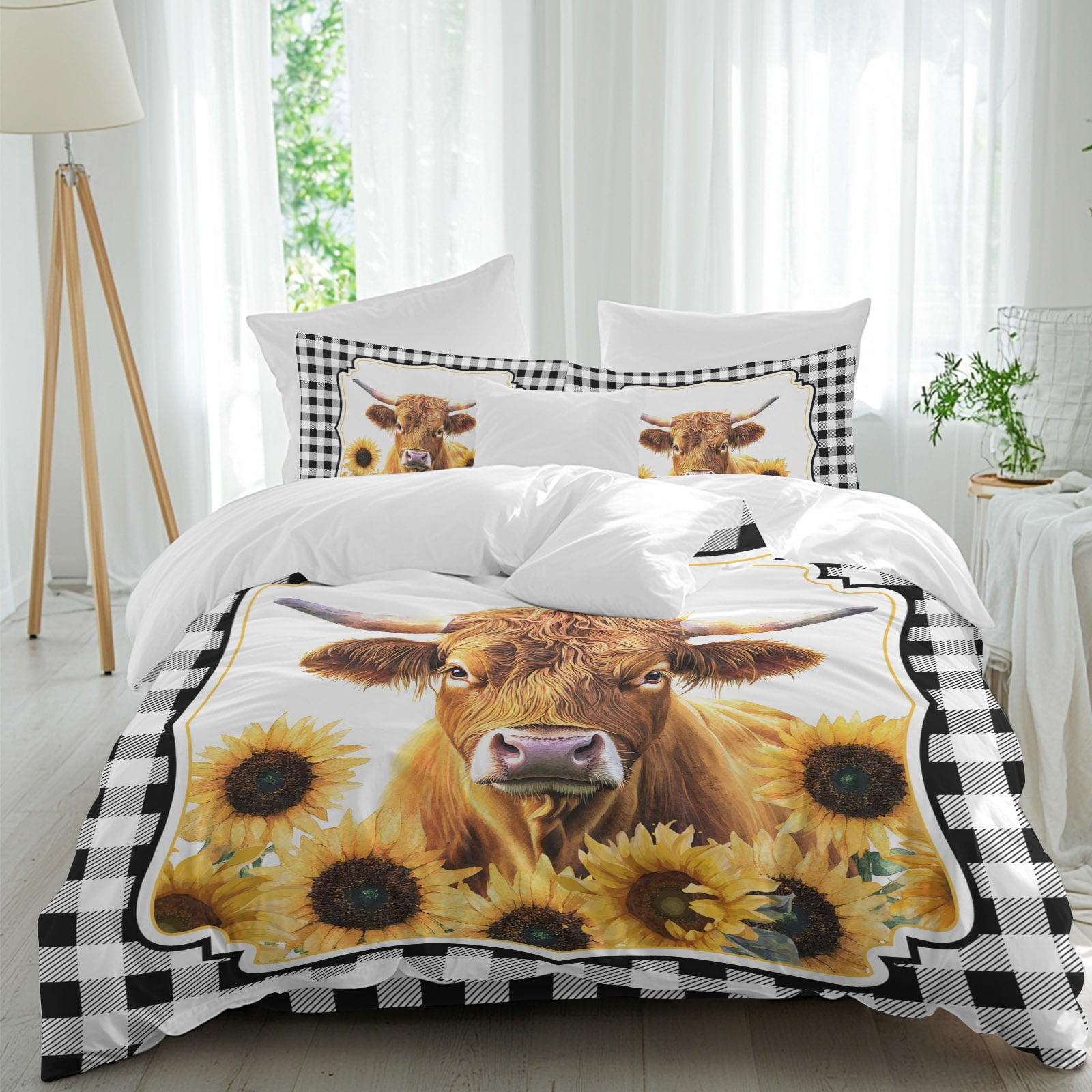 4 Piece Duvet Cover Set Twin, Farm Cow Watercolor Sunflowers Soft ...
