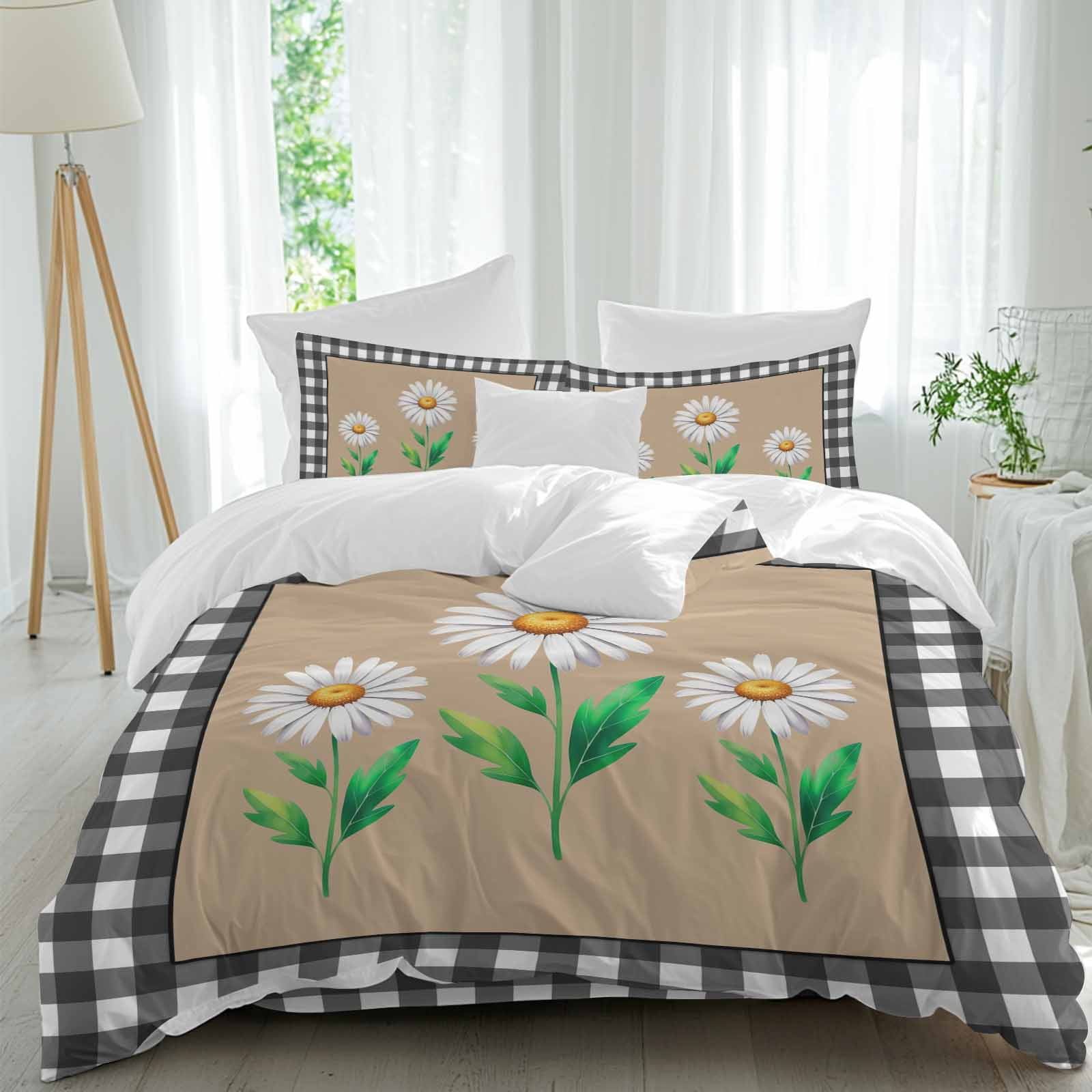 4 Piece Duvet Cover Set Twin, Farm Daisy Flower Leaves on Brown Soft ...