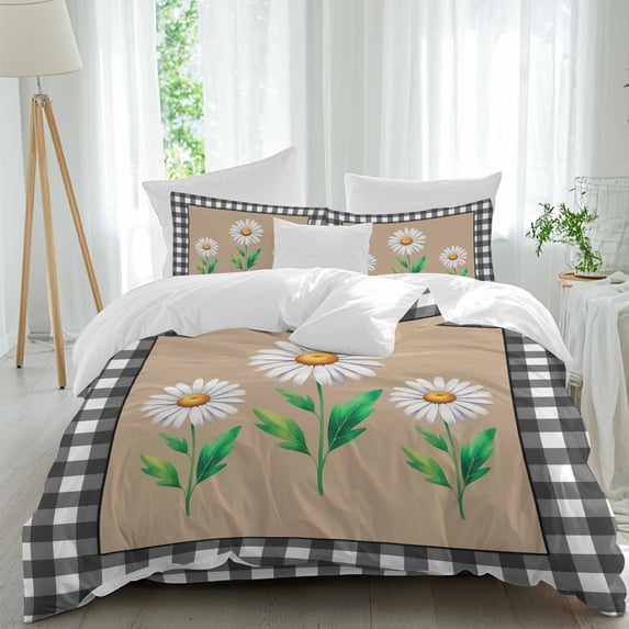 4 Piece Duvet Cover Set Twin, Farm Daisy Flower Leaves on Brown Soft ...