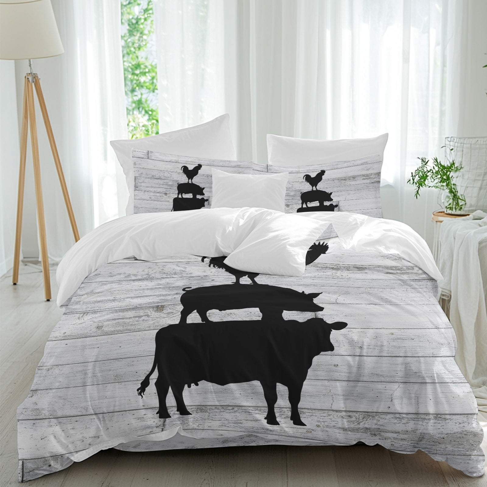 4 Piece Duvet Cover Set Twin, Farm Rooster Pig and Cow Soft Breathable ...