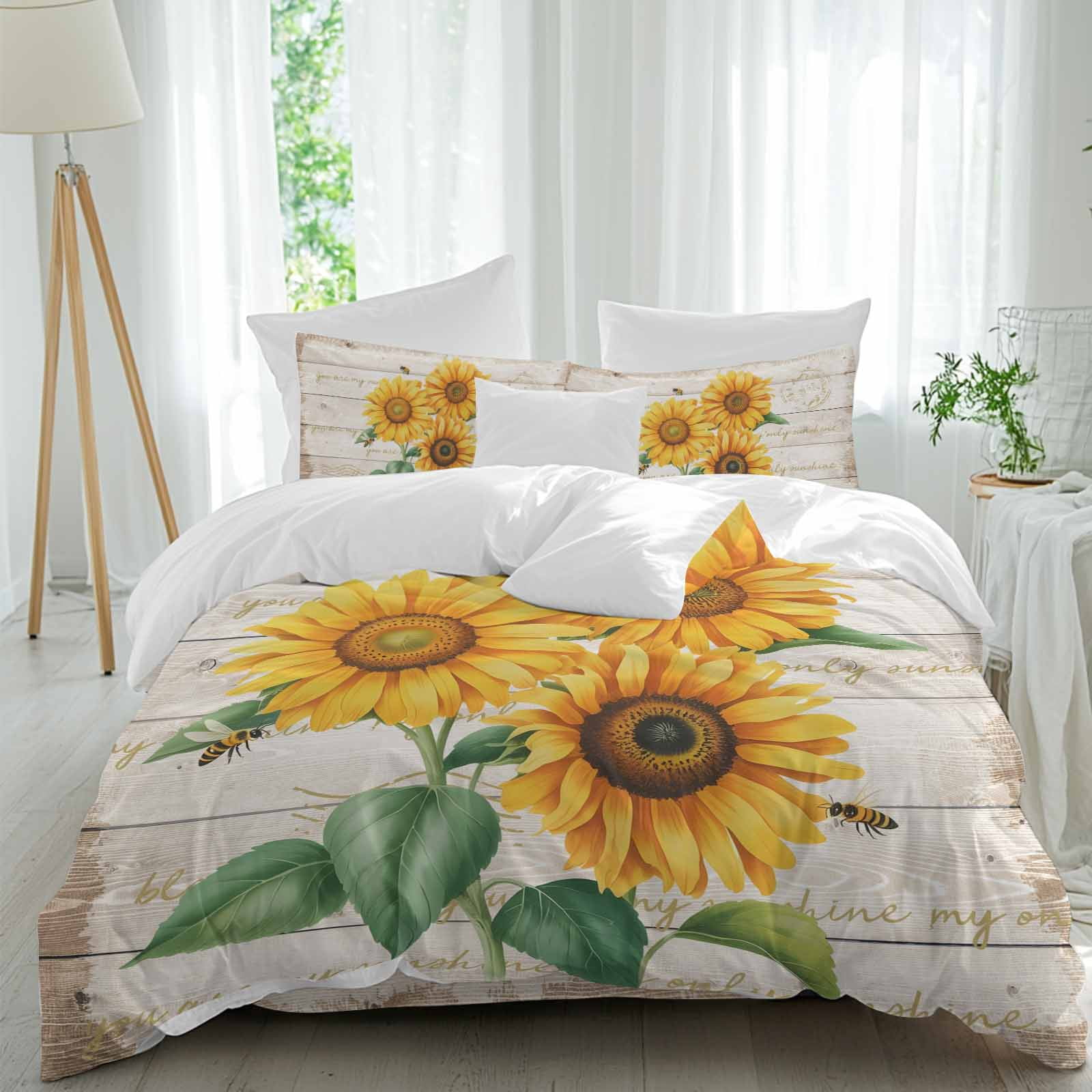 4 Piece Duvet Cover Set Twin, Farm Rural Sunflower Bee Soft Breathable ...