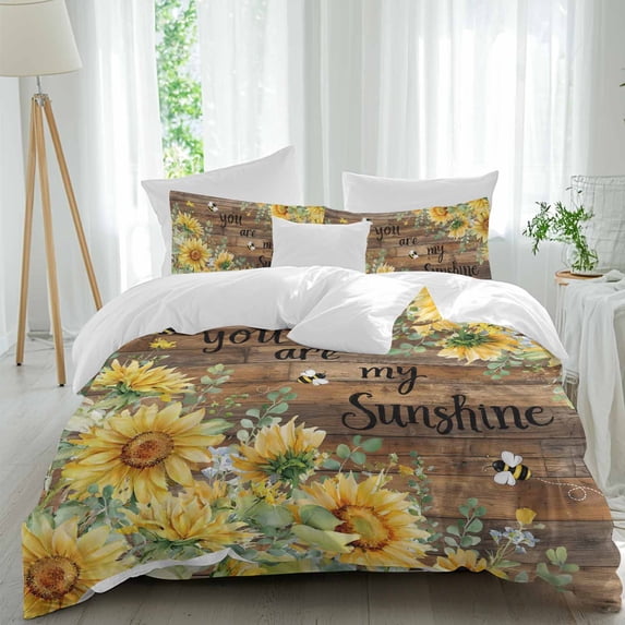 4 Piece Duvet Cover Set Twin, Farm Sunflower Bee Eucalyptus Soft ...