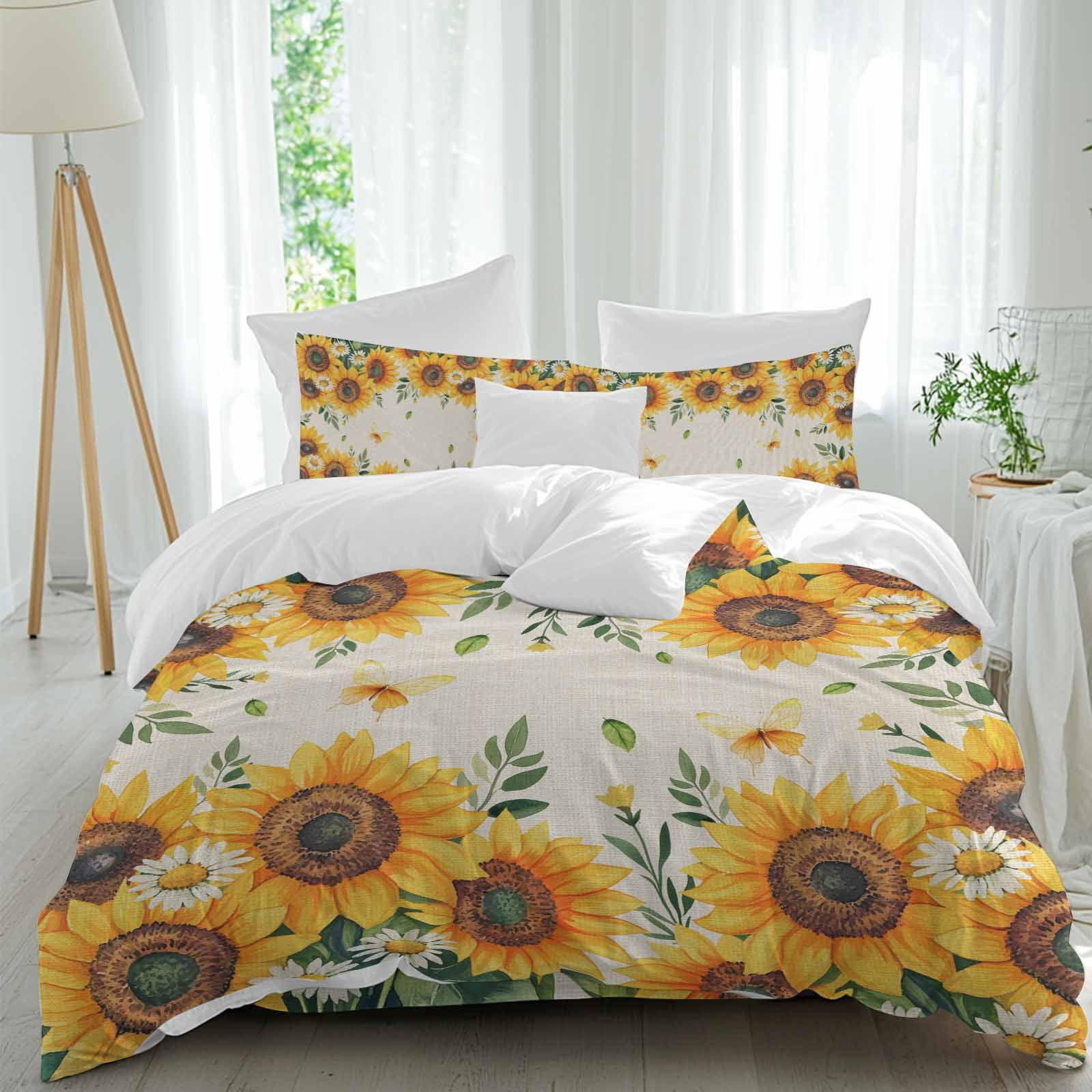 4 Piece Duvet Cover Set Twin, Farm Sunflower Daisy Soft Breathable ...