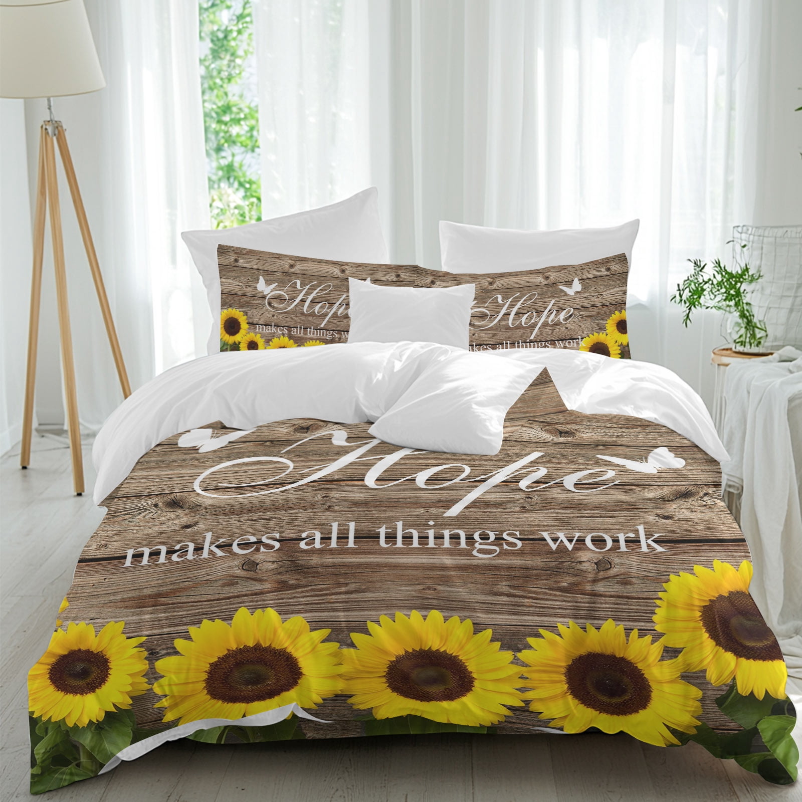 4 Piece Duvet Cover Set Twin, Farm Sunflower Positive Energy Quote Soft ...