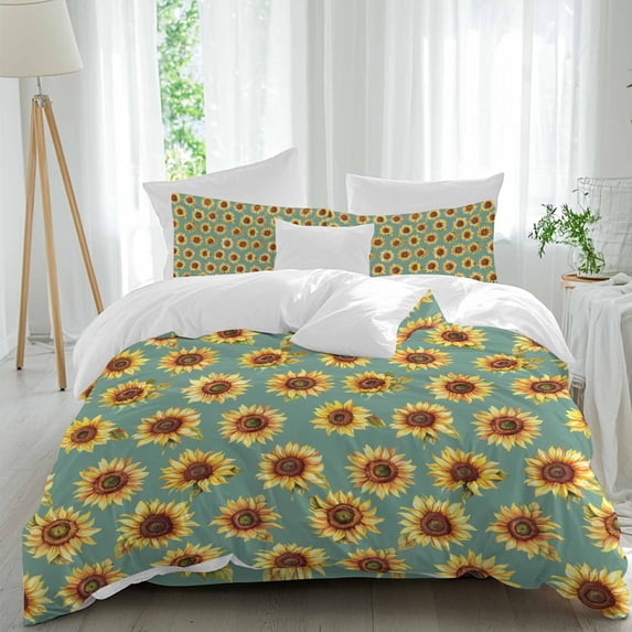 4 Piece Duvet Cover Set Twin, Farm Sunflowers on Green Soft Breathable ...