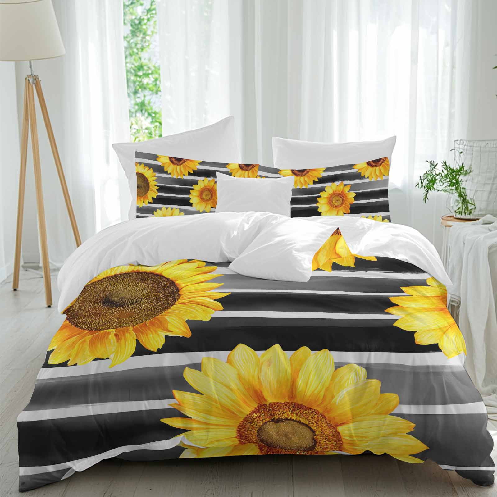 4 Piece Duvet Cover Set Twin, Farm Watercolor Sunflowers Soft ...
