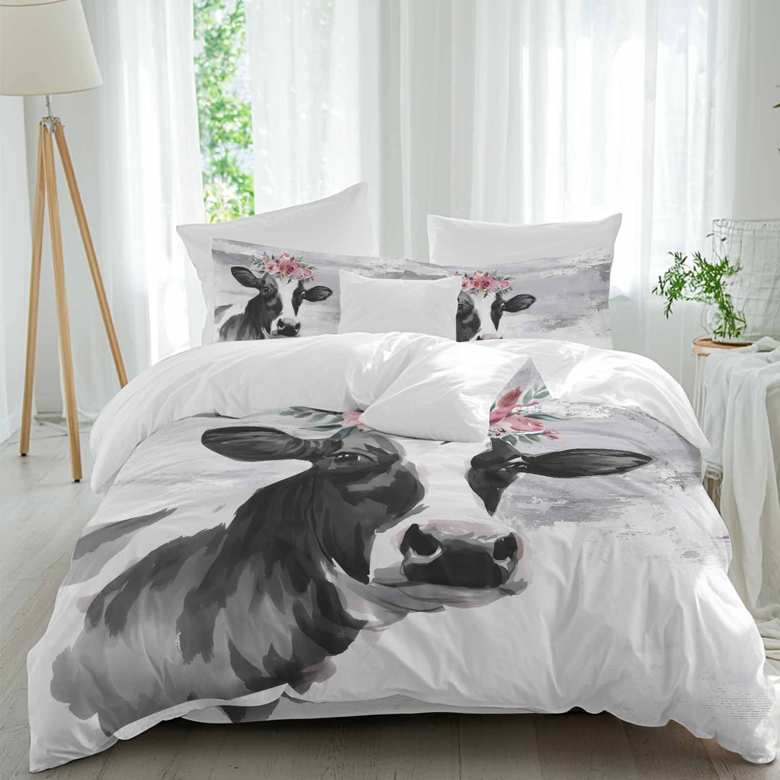 4 Piece Duvet Cover Set Twin, Farmhouse Abstract Black White Cattle ...
