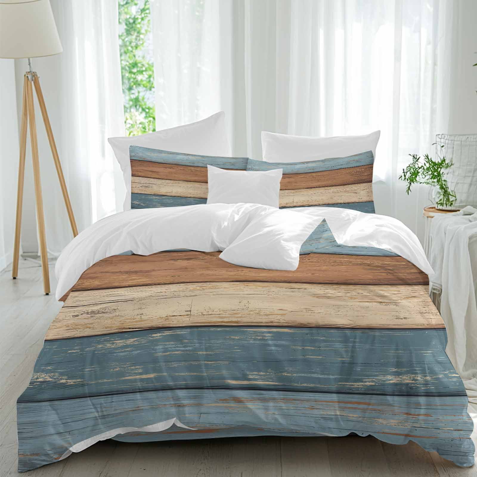 4 Piece Duvet Cover Set Twin, Farmhouse Blue Brown Beige Wood Soft ...
