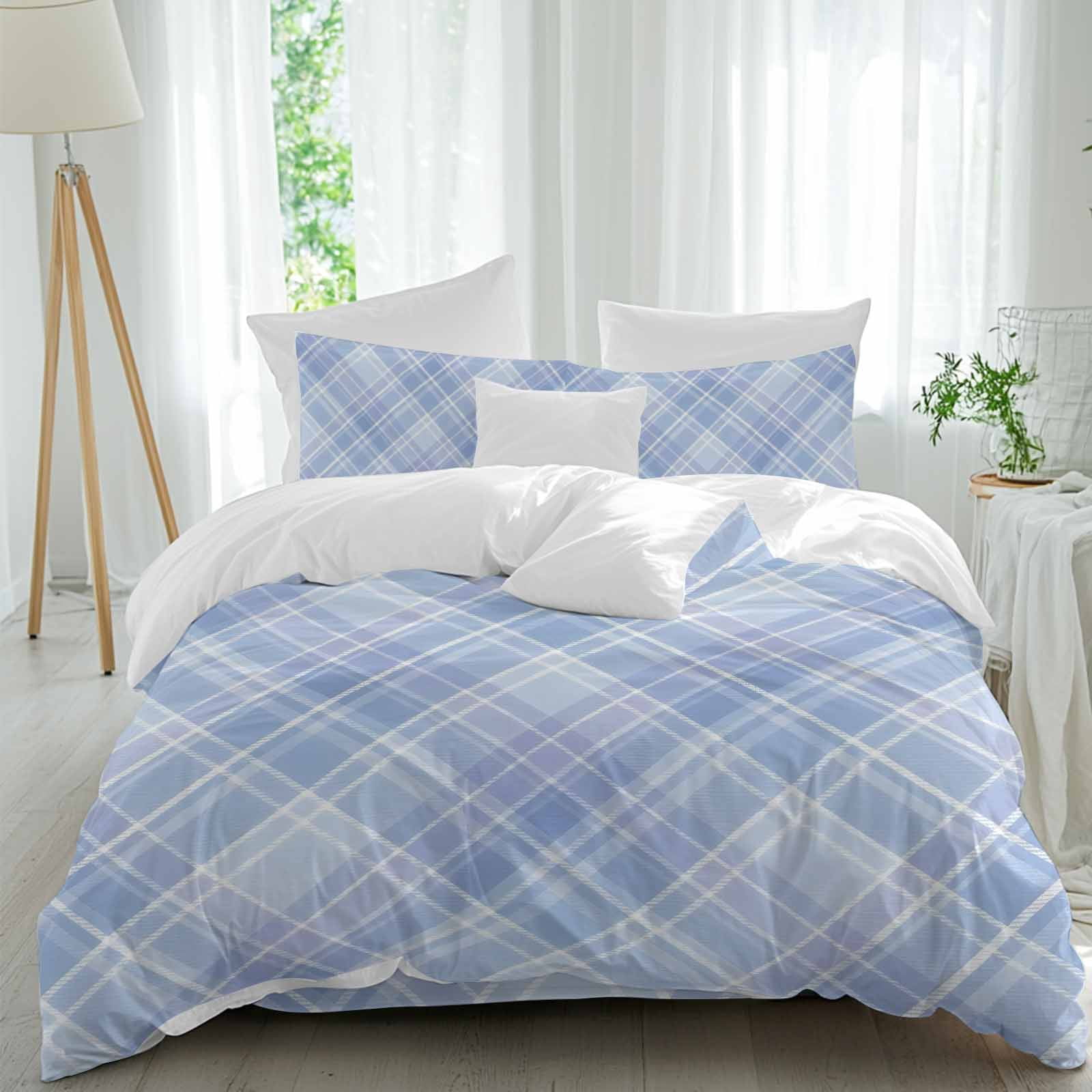 4 Piece Duvet Cover Set Twin, Farmhouse Blue Gradient Plaid Soft ...