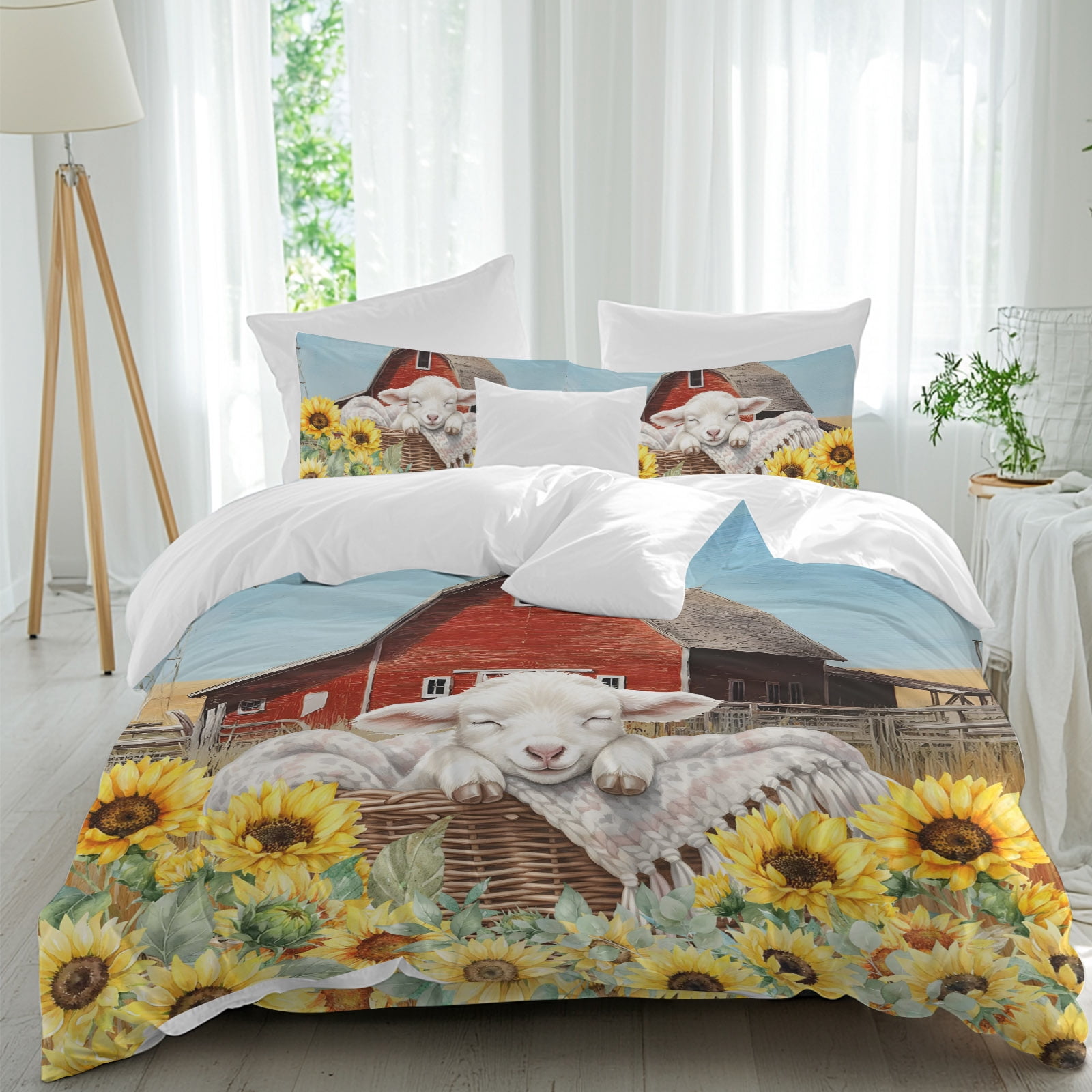 4 Piece Duvet Cover Set Twin, Farmhouse Cute Sheep Sunflower Soft ...