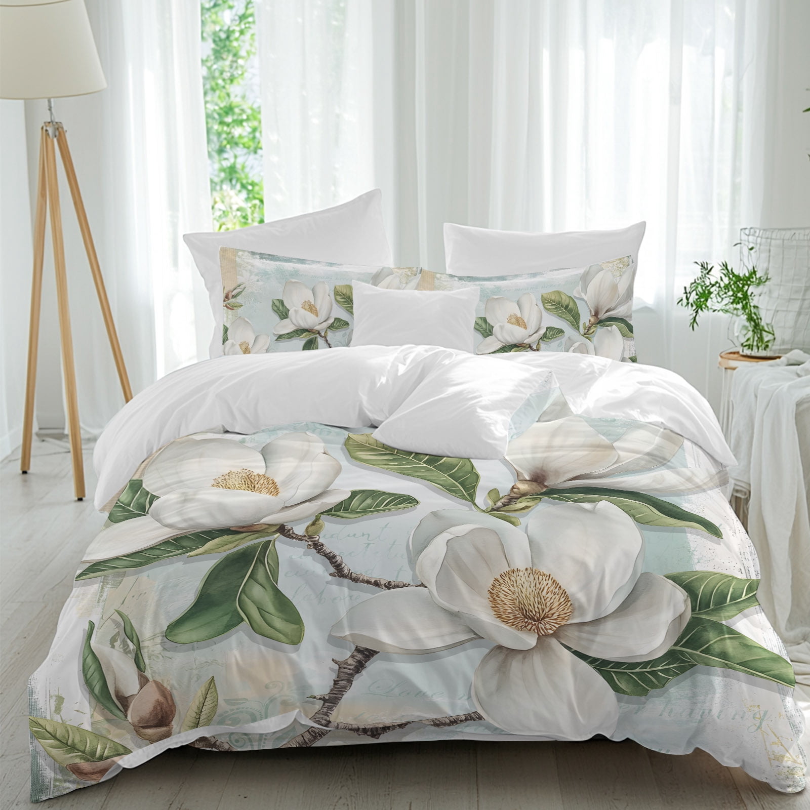 4 Piece Duvet Cover Set Twin, Farmhouse Magnolia Flowers Soft ...
