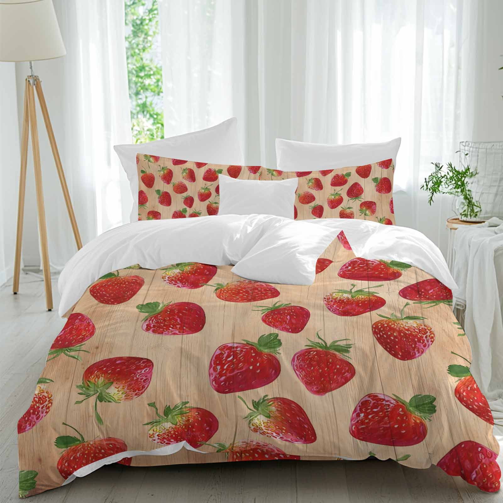 4 Piece Duvet Cover Set Twin, Farmhouse Strawberry Wood Texture Soft ...