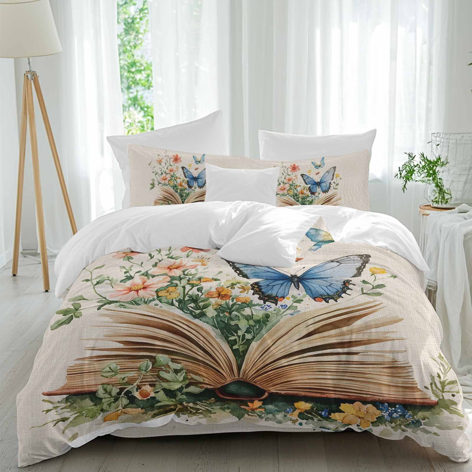 4 Piece Duvet Cover Set Twin, Flower Butterfly Book on Vintage Linen ...