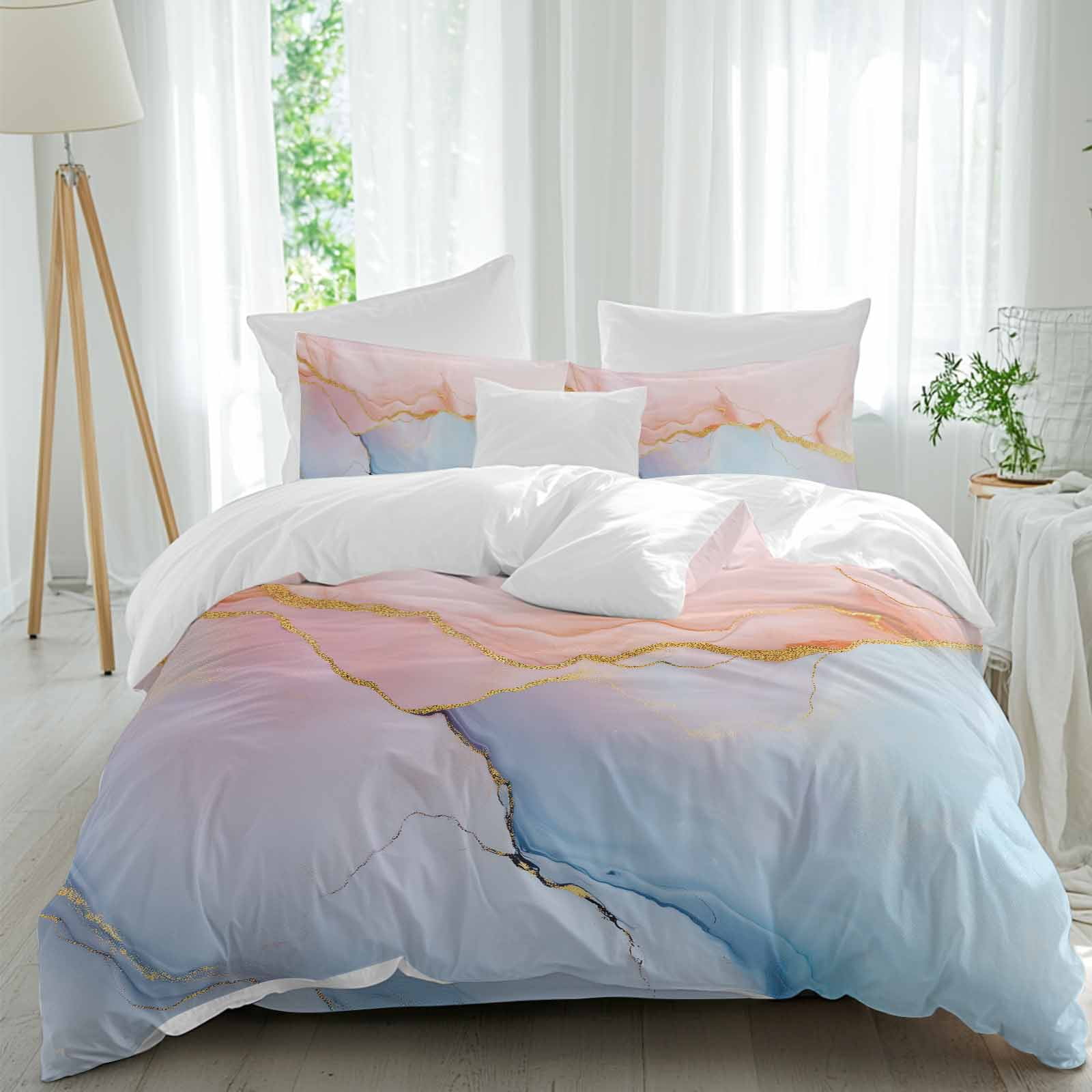 4 Piece Duvet Cover Set Twin, Geometric Golden Wave Line Soft ...