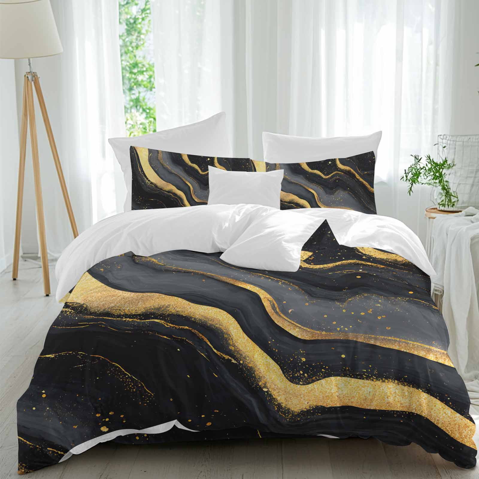 4 Piece Duvet Cover Set Twin, Gold Black Marble Texture Soft Breathable ...
