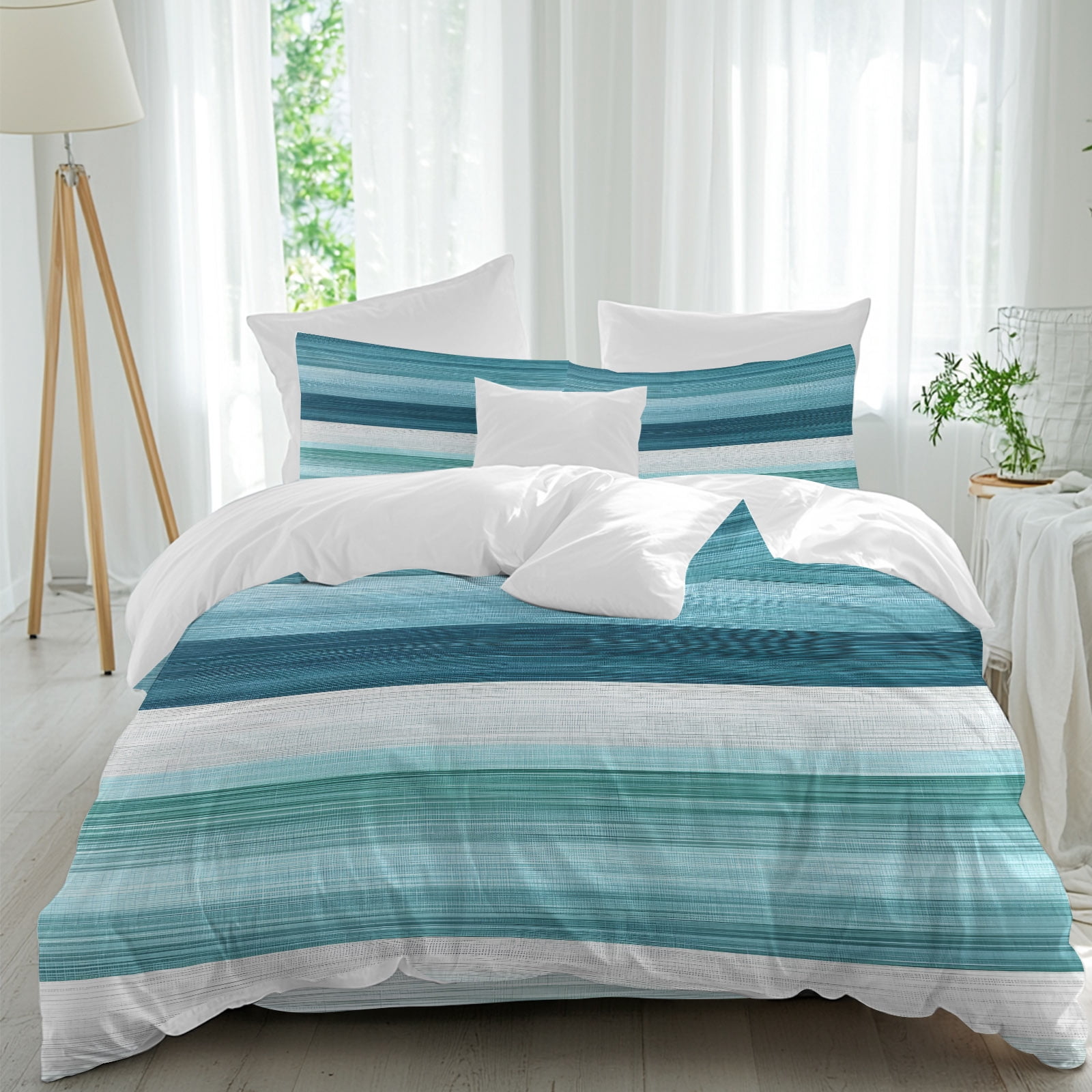 4 Piece Duvet Cover Set Twin, Gradient Blue Green Grey Stripe Soft ...