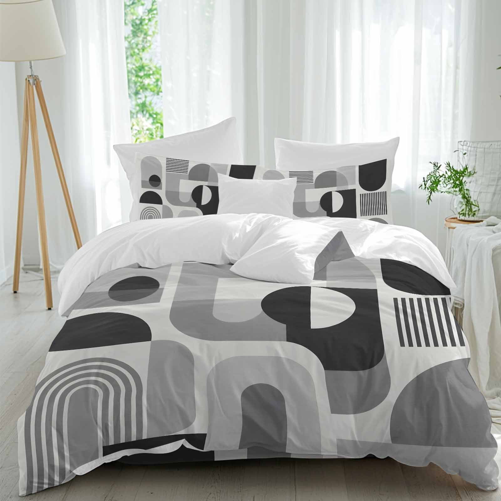 4 Piece Duvet Cover Set Twin, Grey Color Block Abstract Geometric Soft ...