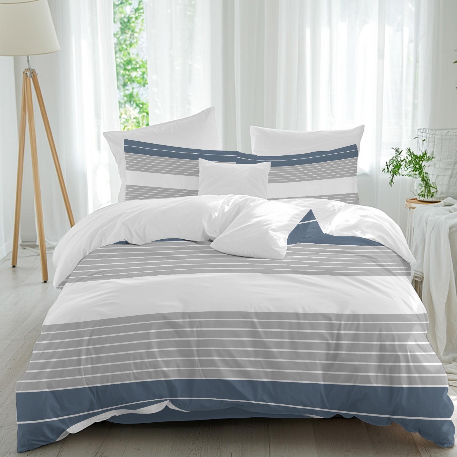 4 Piece Duvet Cover Set Twin, Haze Blue Gray Stripe Line Soft ...