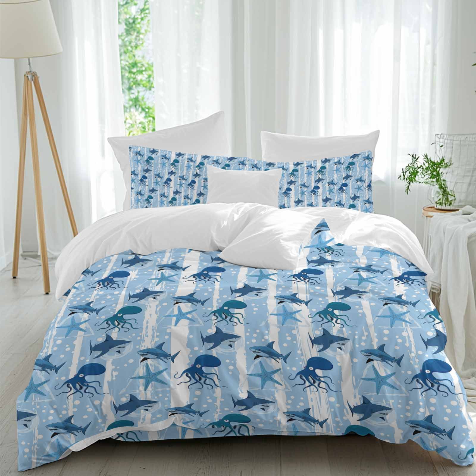 4 Piece Duvet Cover Set Twin, Marine Life Sharks Sea Stars Octopus Soft ...