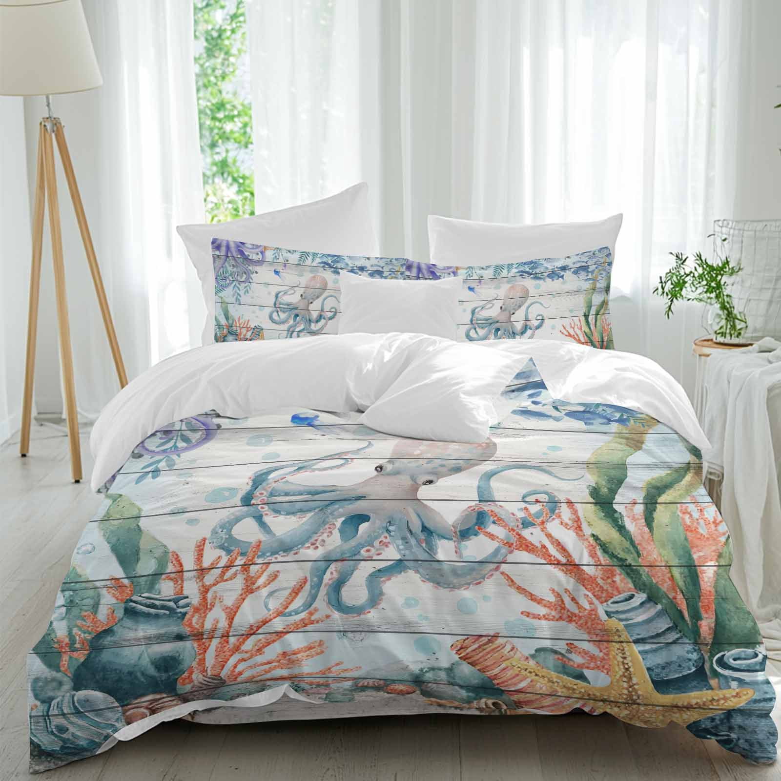 4 Piece Duvet Cover Set Twin, Marine Octopus Starfish Coral Seaweed ...