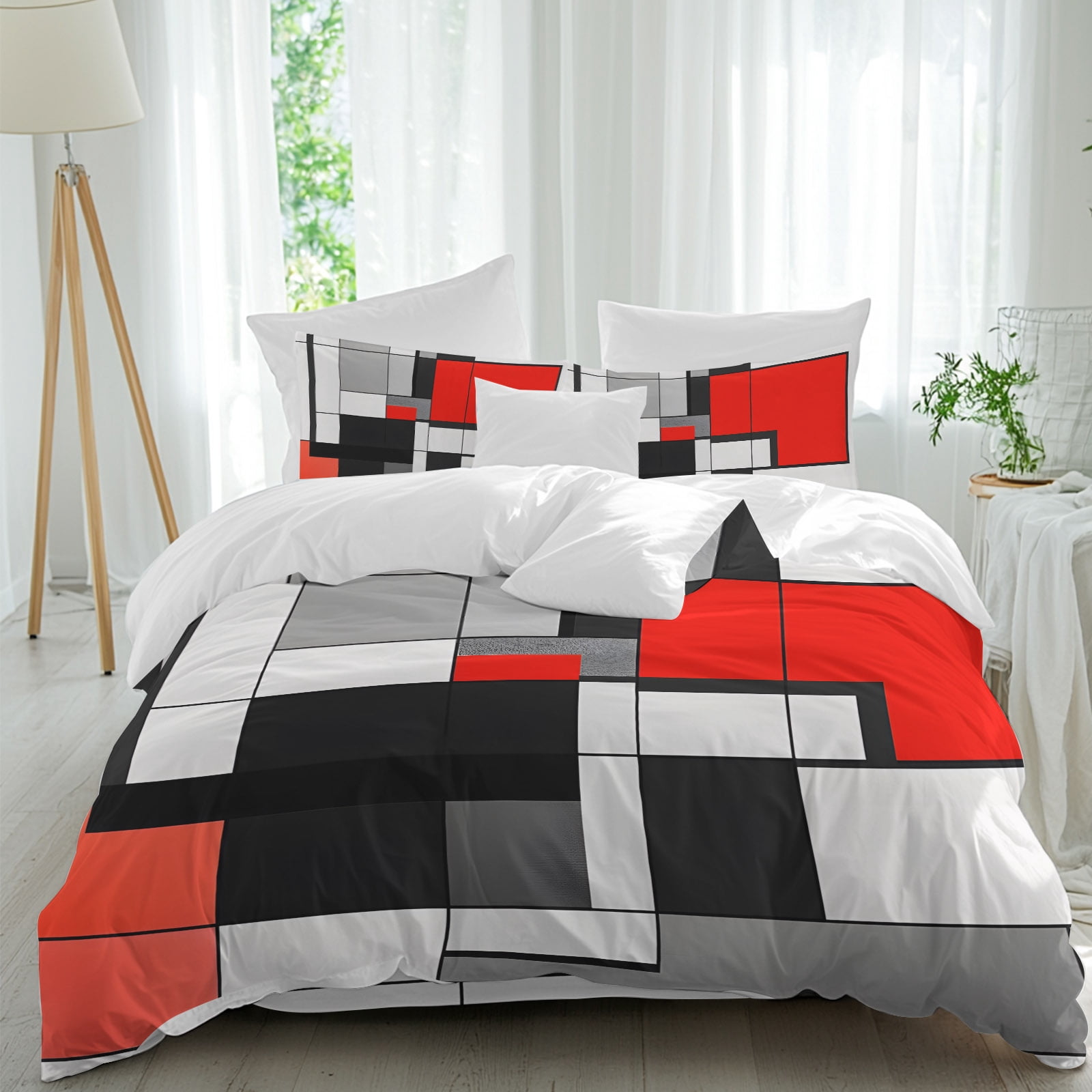 4 Piece Duvet Cover Set Twin, Mid Century Red Gray Color Block Soft ...