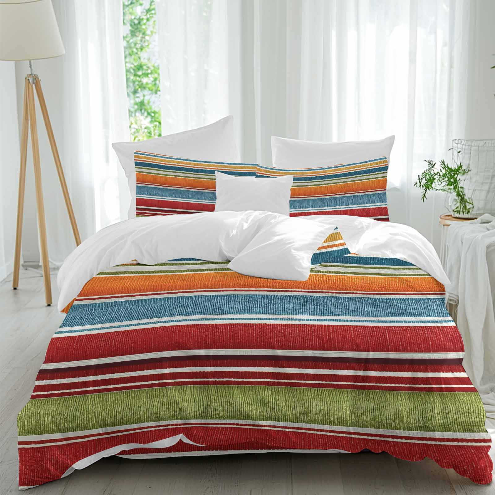 4 Piece Duvet Cover Set Twin, Modern Colorful Stripes Soft Breathable ...
