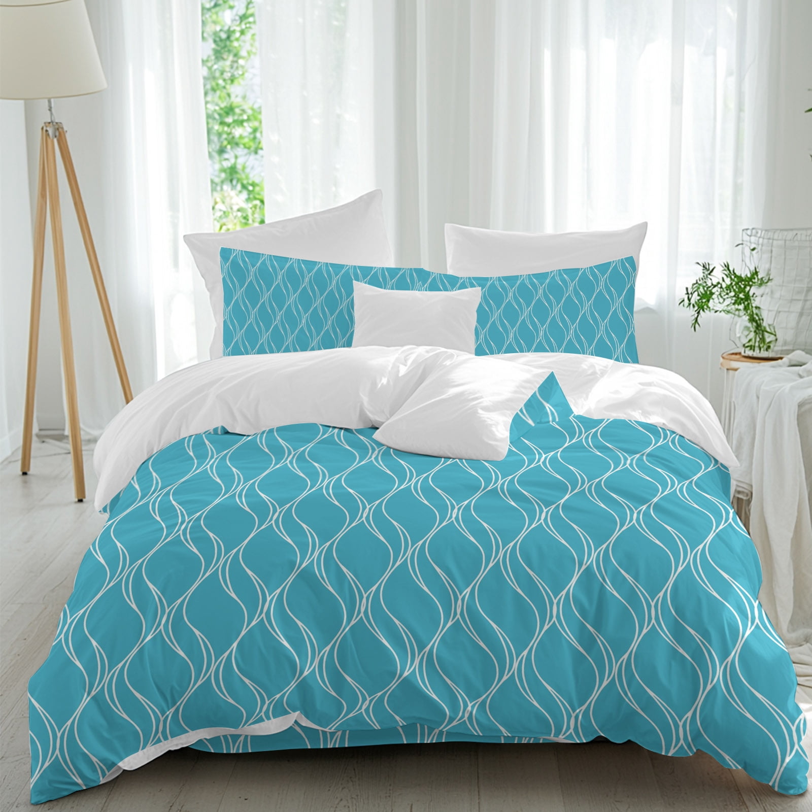 4 Piece Duvet Cover Set Twin, Modern Geometric Wave Stripes Blue Soft ...