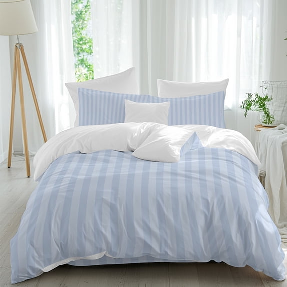 4 Piece Duvet Cover Set Twin, Modern Light Blue Stripe Soft Breathable ...