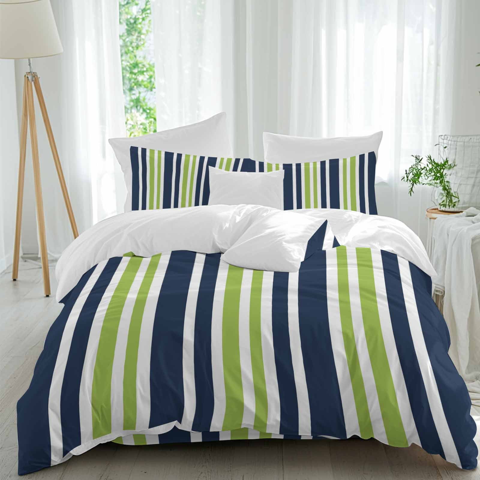4 Piece Duvet Cover Set Twin, Navy Blue Green Stripes Soft Breathable ...