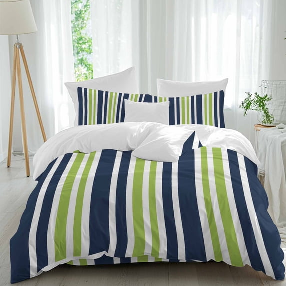 4 Piece Duvet Cover Set Twin, Navy Blue Green Stripes Soft Breathable ...