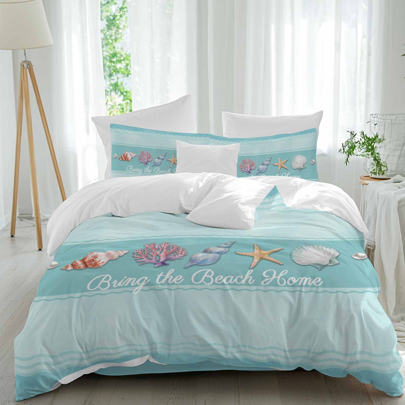 4 Piece Duvet Cover Set Twin, Ocean Conch Coral Starfish Beach Theme ...