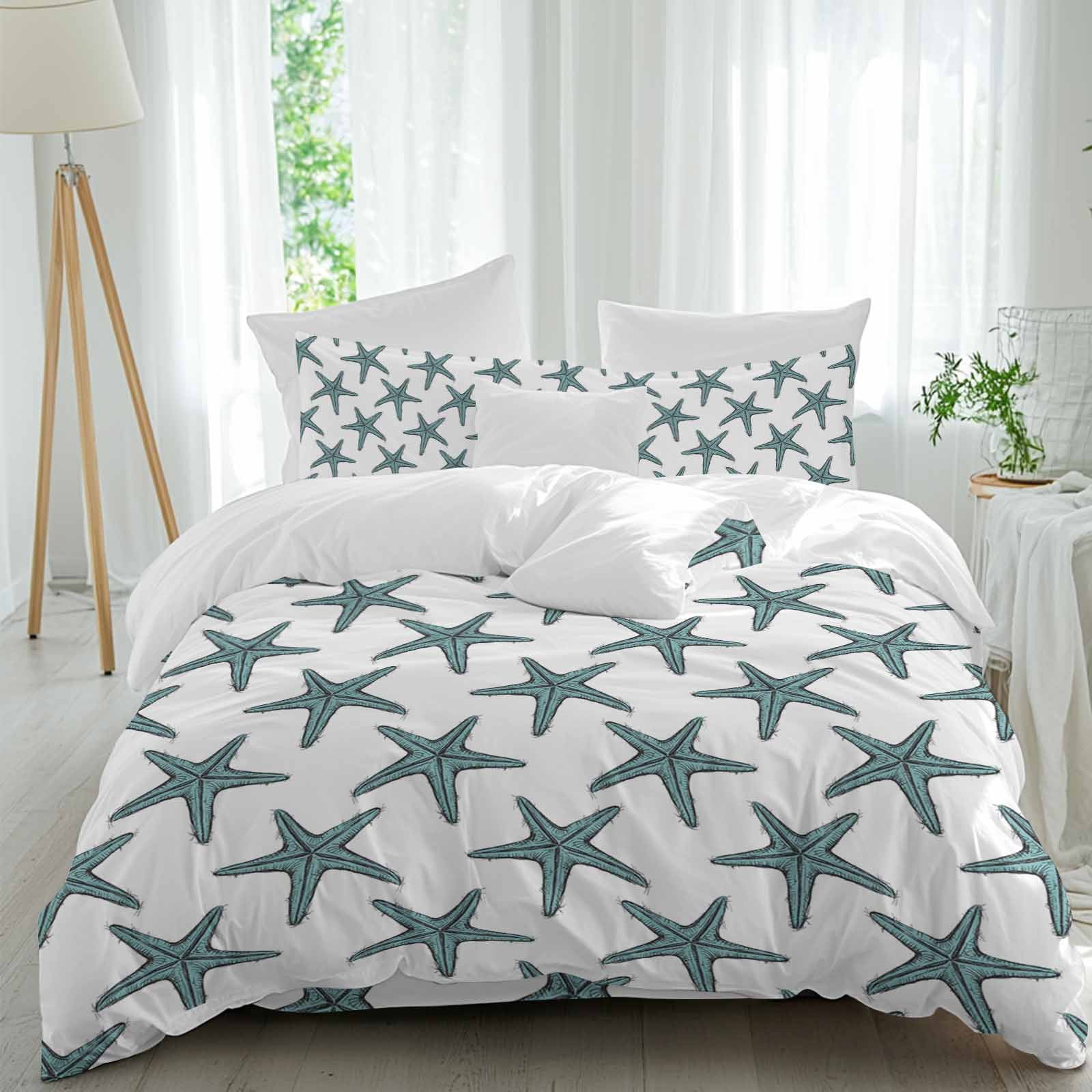 4 Piece Duvet Cover Set Twin, Ocean Green Starfish on White Soft ...