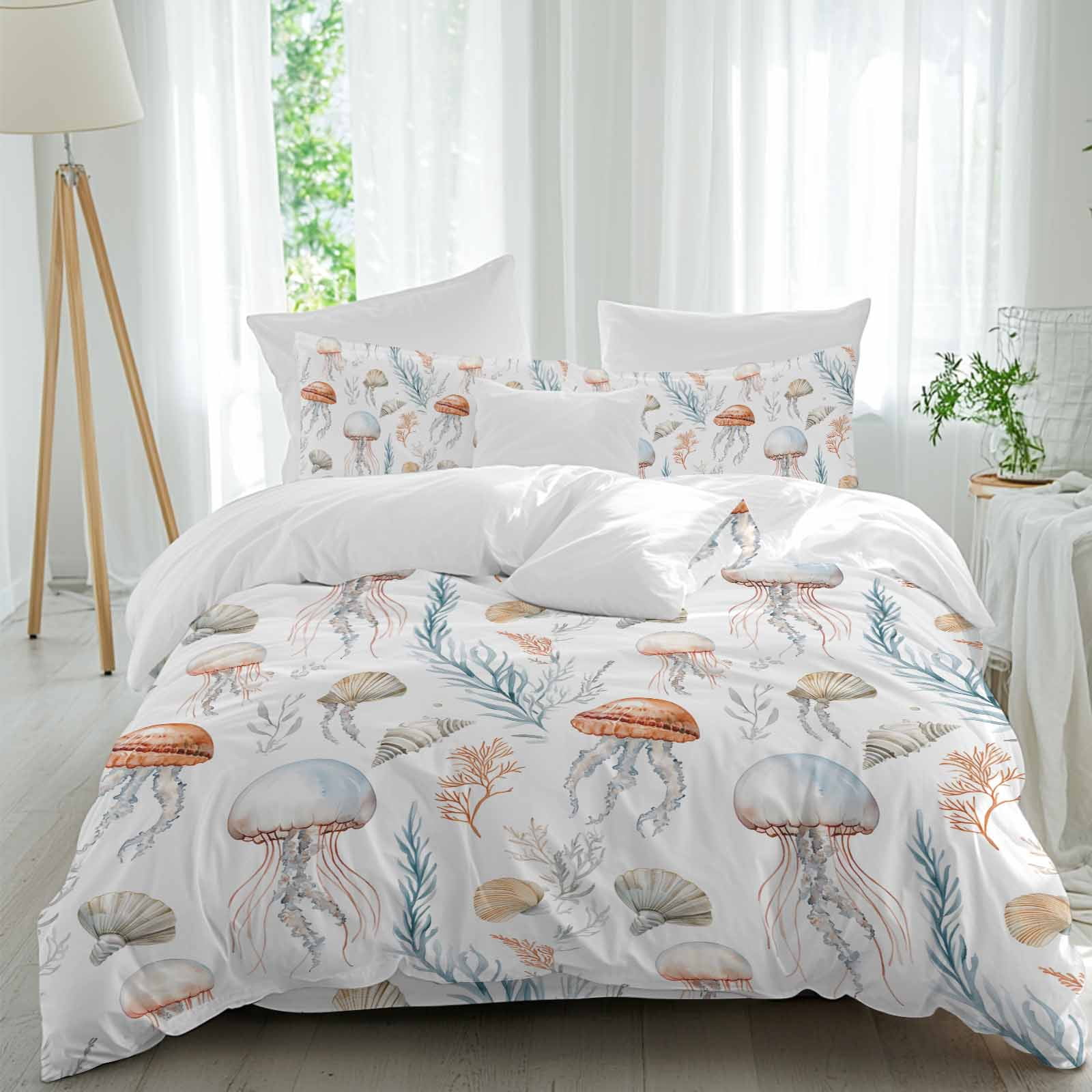 4 Piece Duvet Cover Set Twin, Ocean Jellyfish Shell Coral Soft ...