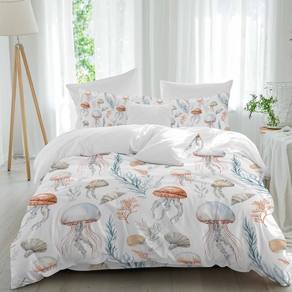 4 Piece Duvet Cover Set Twin, Ocean Jellyfish Shell Coral Soft ...