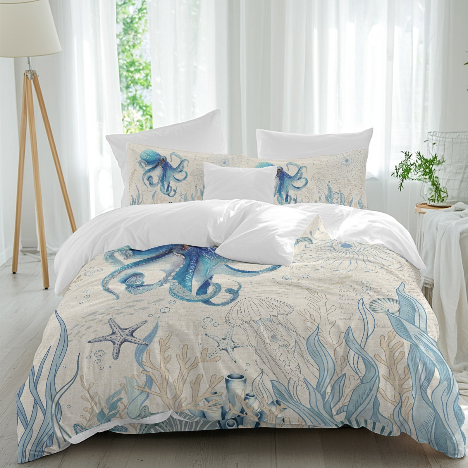 4 Piece Duvet Cover Set Twin, Ocean Octopus Jellyfish Coral Soft ...