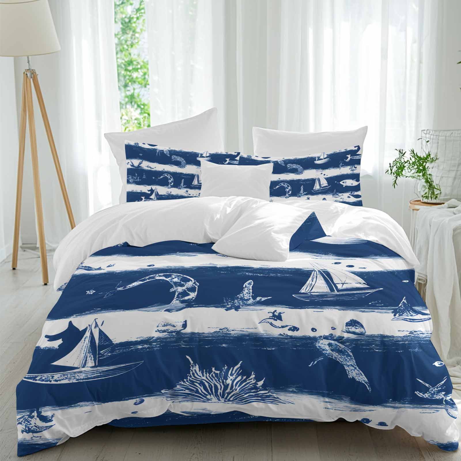 4 Piece Duvet Cover Set Twin, Ocean Sailboat Coral Shark Whale Fish ...