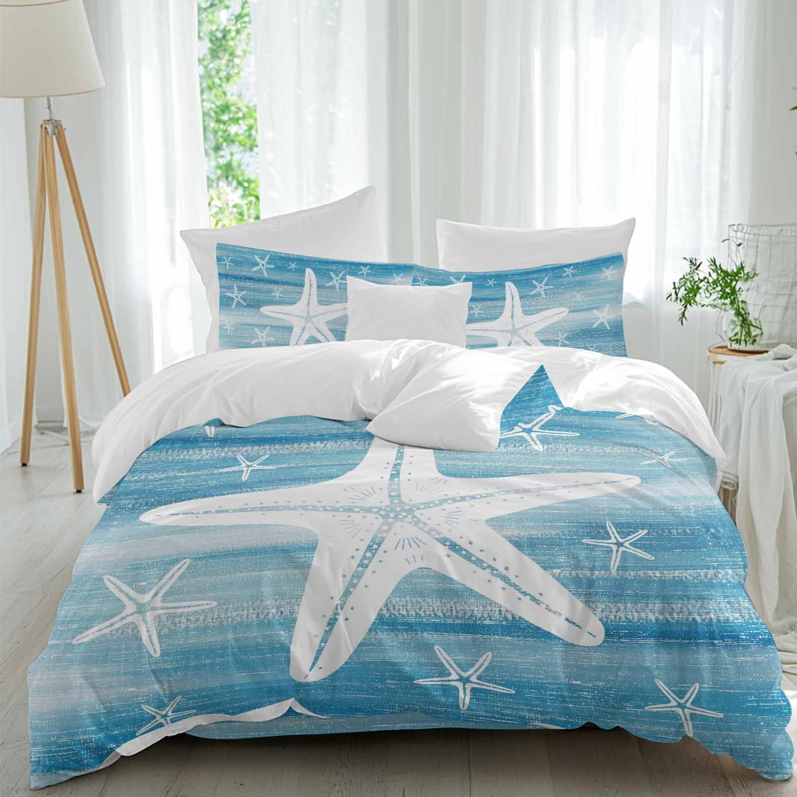 4 Piece Duvet Cover Set Twin, Ocean Starfish Blue Gradient Soft ...